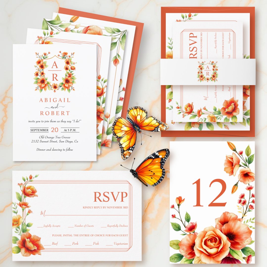 Verona sunset orange floral frame wedding invitation | Zazzle