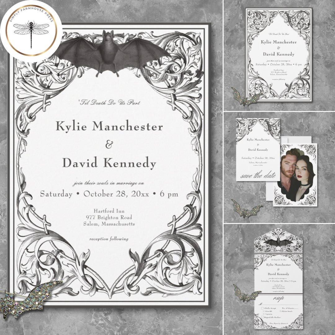 Victorian Bat Until Death Black White Wedding Enclosure Card | Zazzle