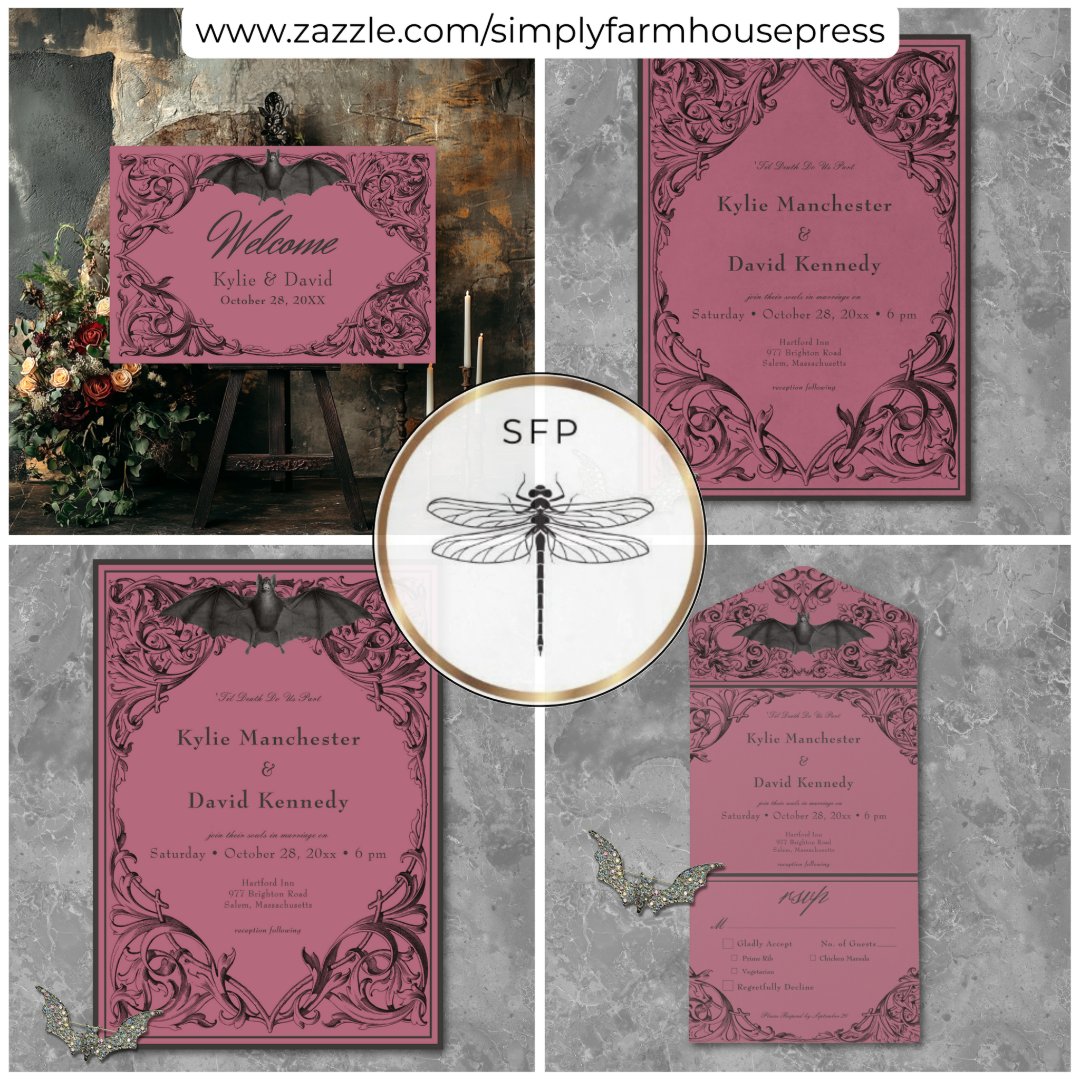 Victorian Bat Until Death Black & Wine Wedding Invitation Belly Band ...