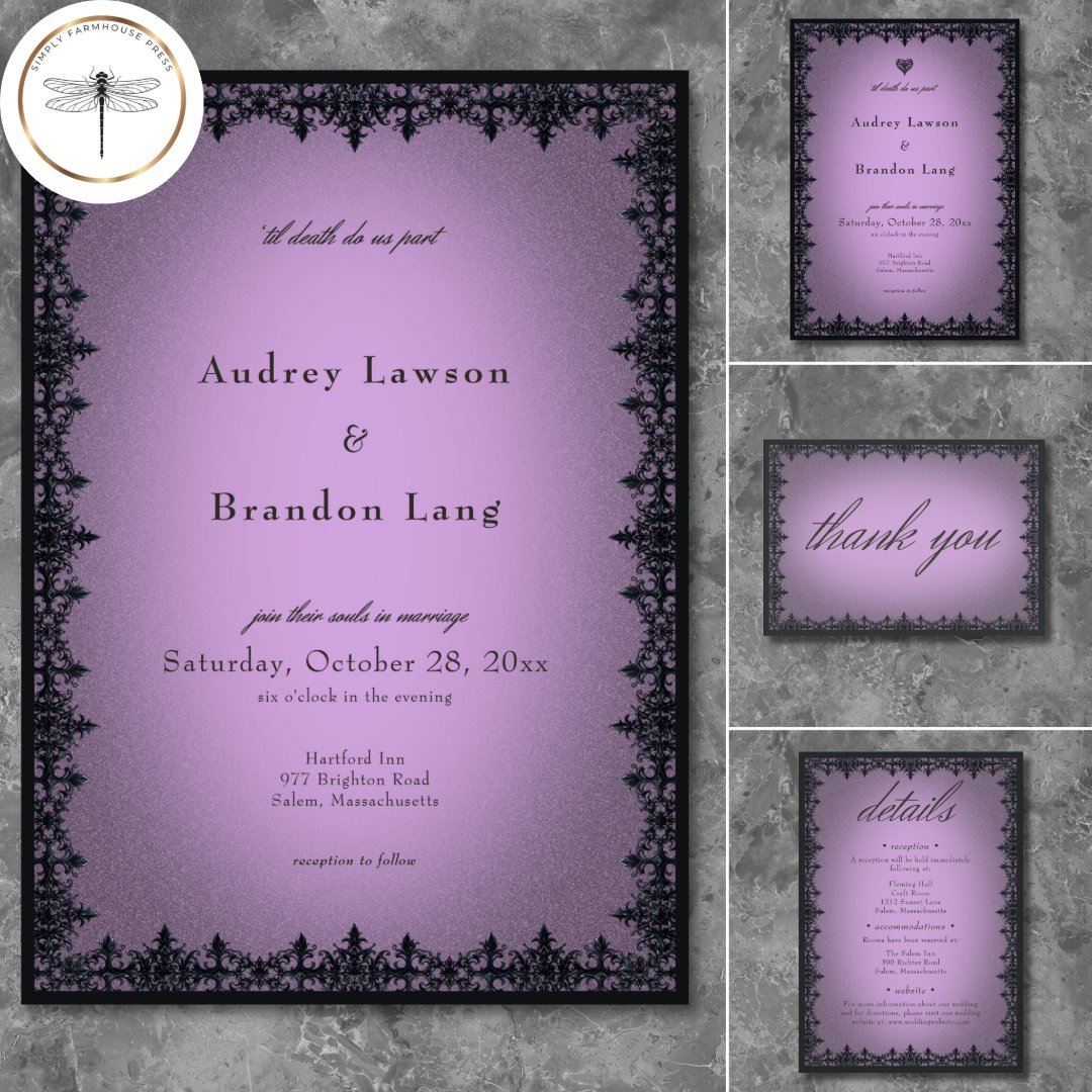 Victorian Gothic Iron Border Purple Wedding Invitation | Zazzle