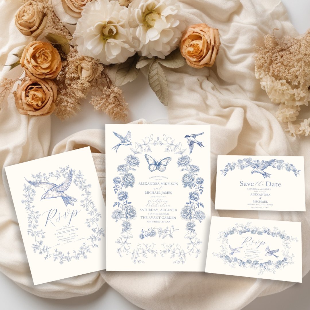 Victorian Toile French Blue Classic Wedding All In One Invitation | Zazzle
