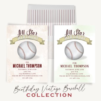 Baseball Vintage Simple All Star Birthday Banner Invitation | Zazzle