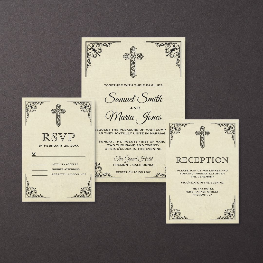Elegant Vintage Cross Christian Wedding Invitation | Zazzle