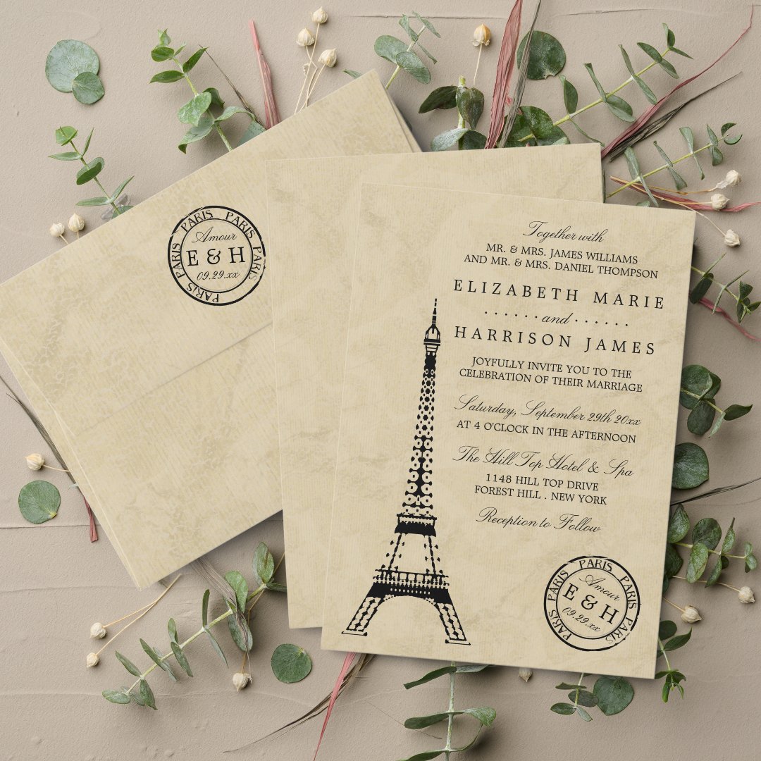 Vintage Eiffel Tower Paris Postmark Wedding RSVP Card | Zazzle