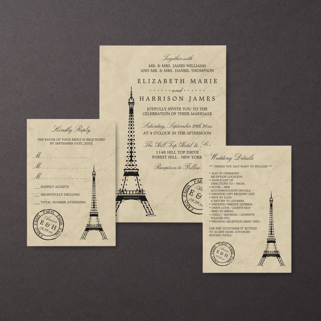 Vintage Eiffel Tower Paris Postmark Wedding Invitation | Zazzle