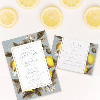 Botanical Lemon Leaves Wedding Dusty Blue Invitation | Zazzle