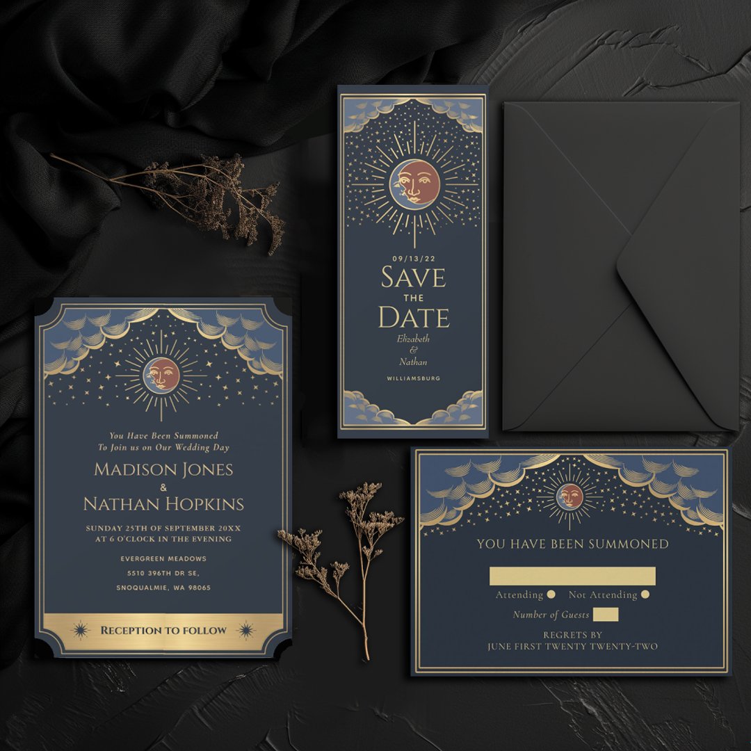 Gold Sun and Moon Tarot Card Wedding Invitation | Zazzle