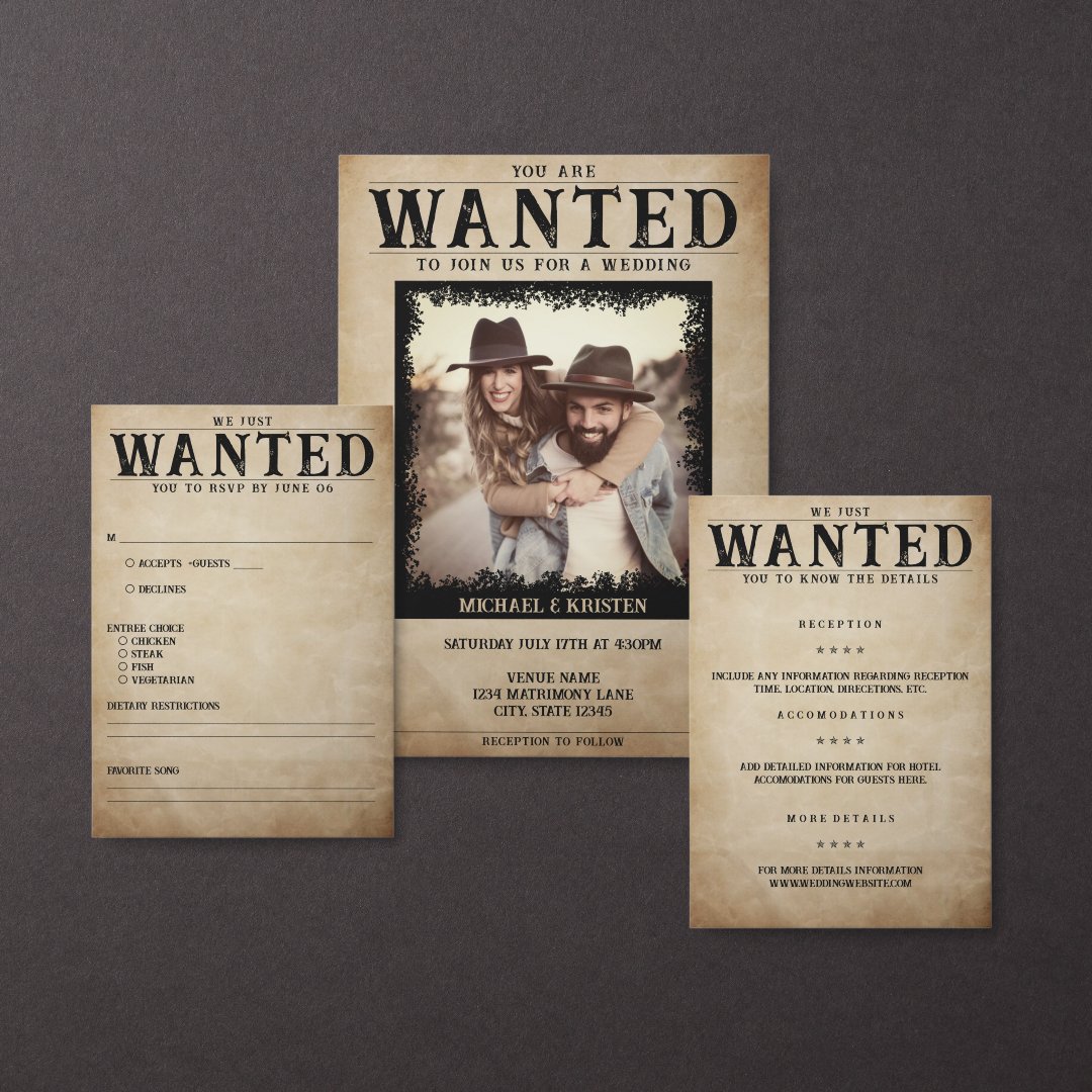 Vintage Photo Wanted Poster Wedding Invitation | Zazzle