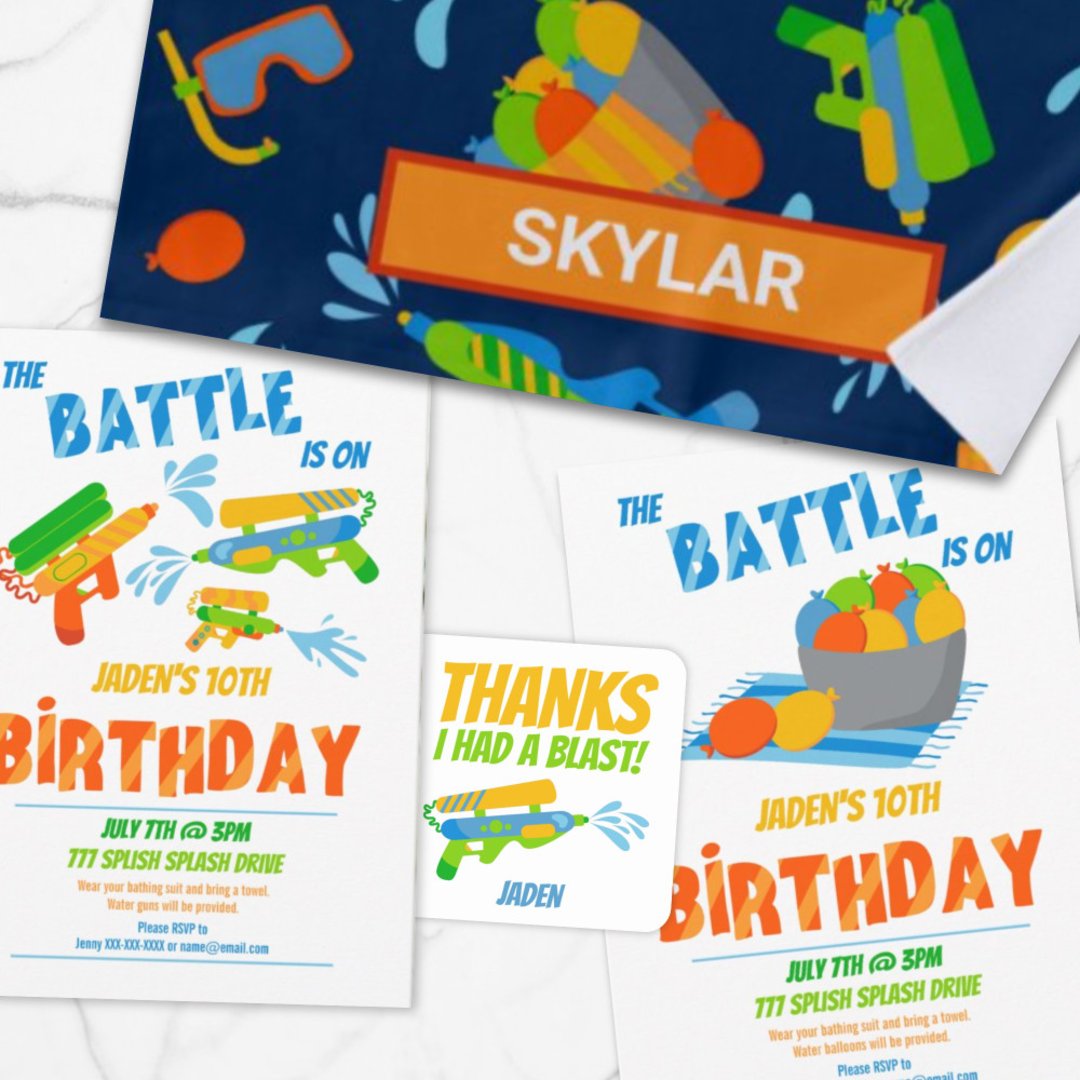 Water Gun Battle Pool Party Kids Summer Birthday Invitation | Zazzle