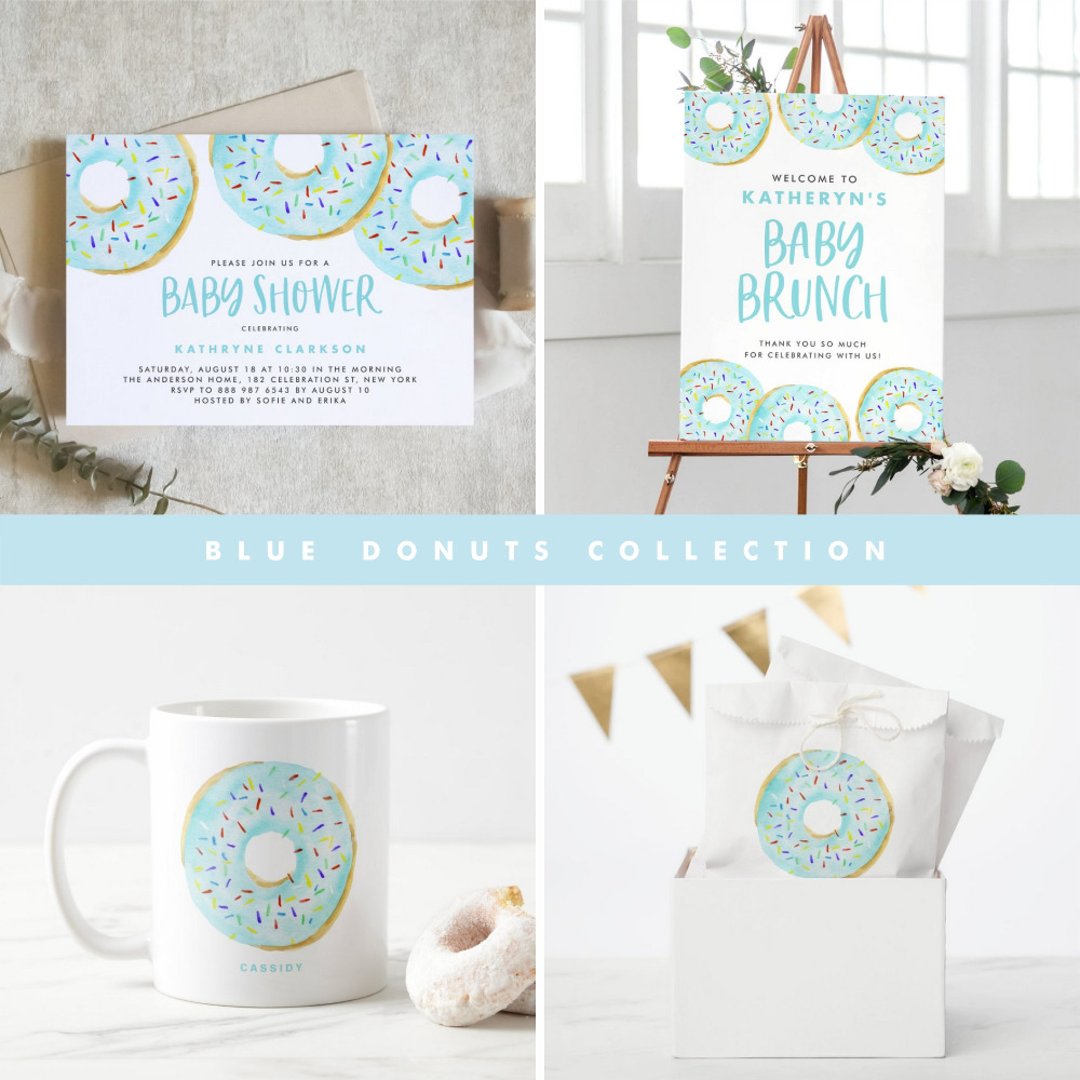Cute Blue Watercolor Donuts Boy Baby Sprinkle Invitation | Zazzle