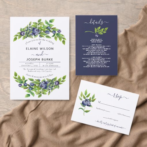 watercolor blueberries blue botanical wedding invitation | Zazzle