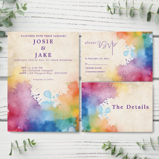 Colorful paint splashes fun wedding invitation | Zazzle