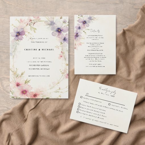 pastel cosmos flowers rsvp attached wedding all in one invitation | Zazzle