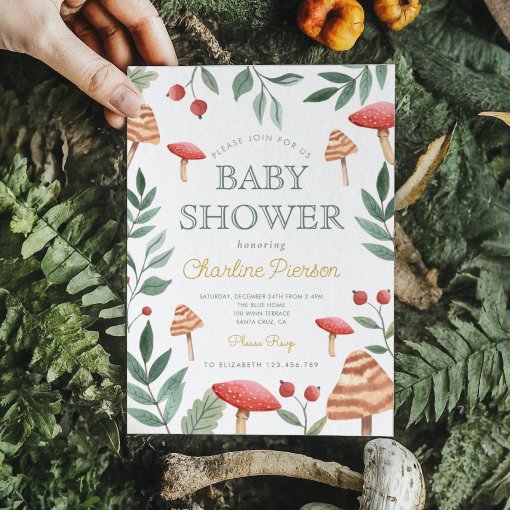 Woodland Fall Watercolor Mushroom Baby Shower Invitation | Zazzle