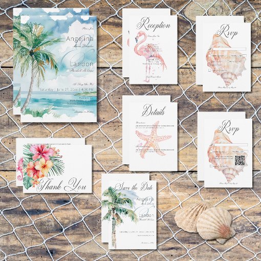 Watercolor Modern Palms & Beach Scene Wedding Invitation | Zazzle