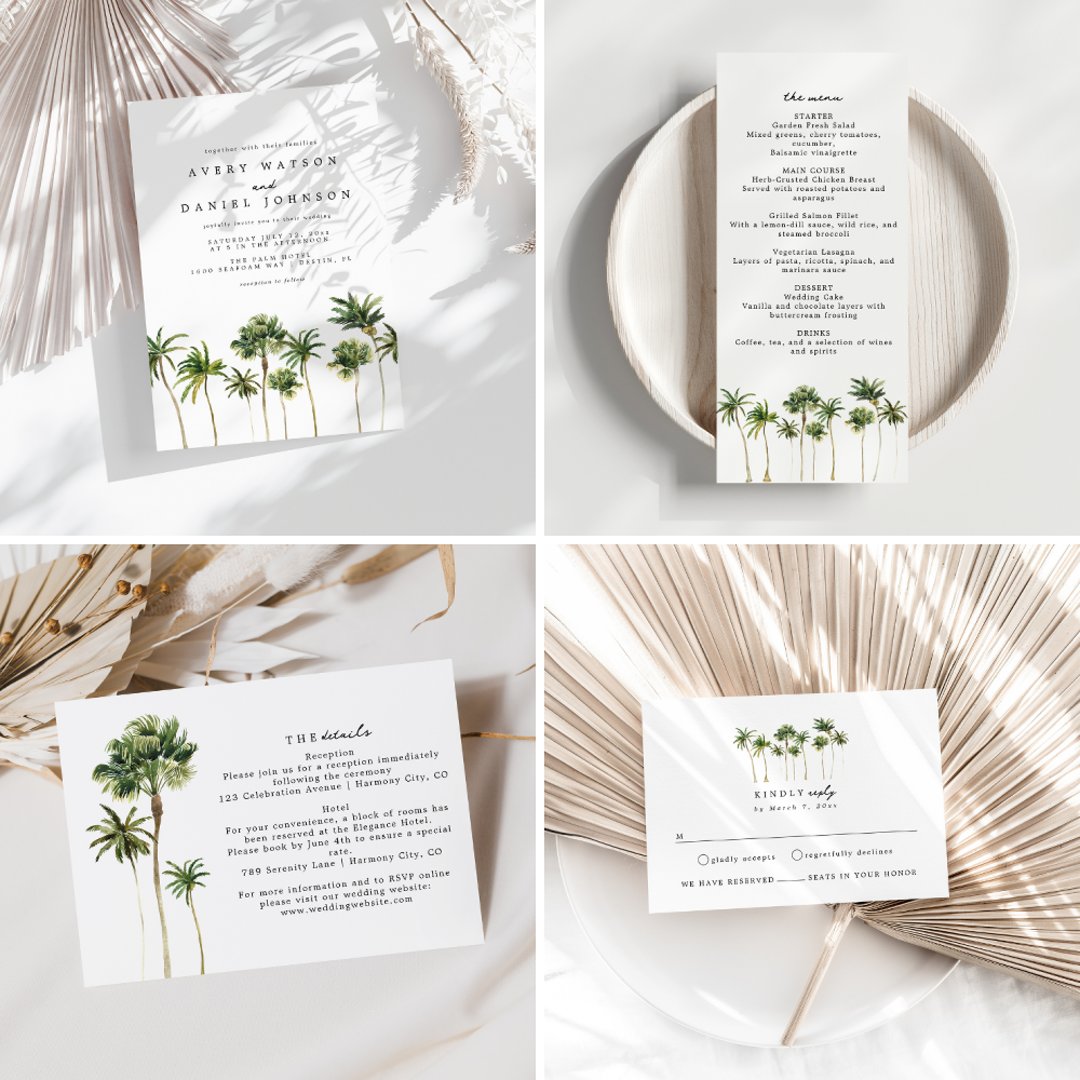 Beach Wedding Save The Date Watercolor Palm Tree Invitation | Zazzle