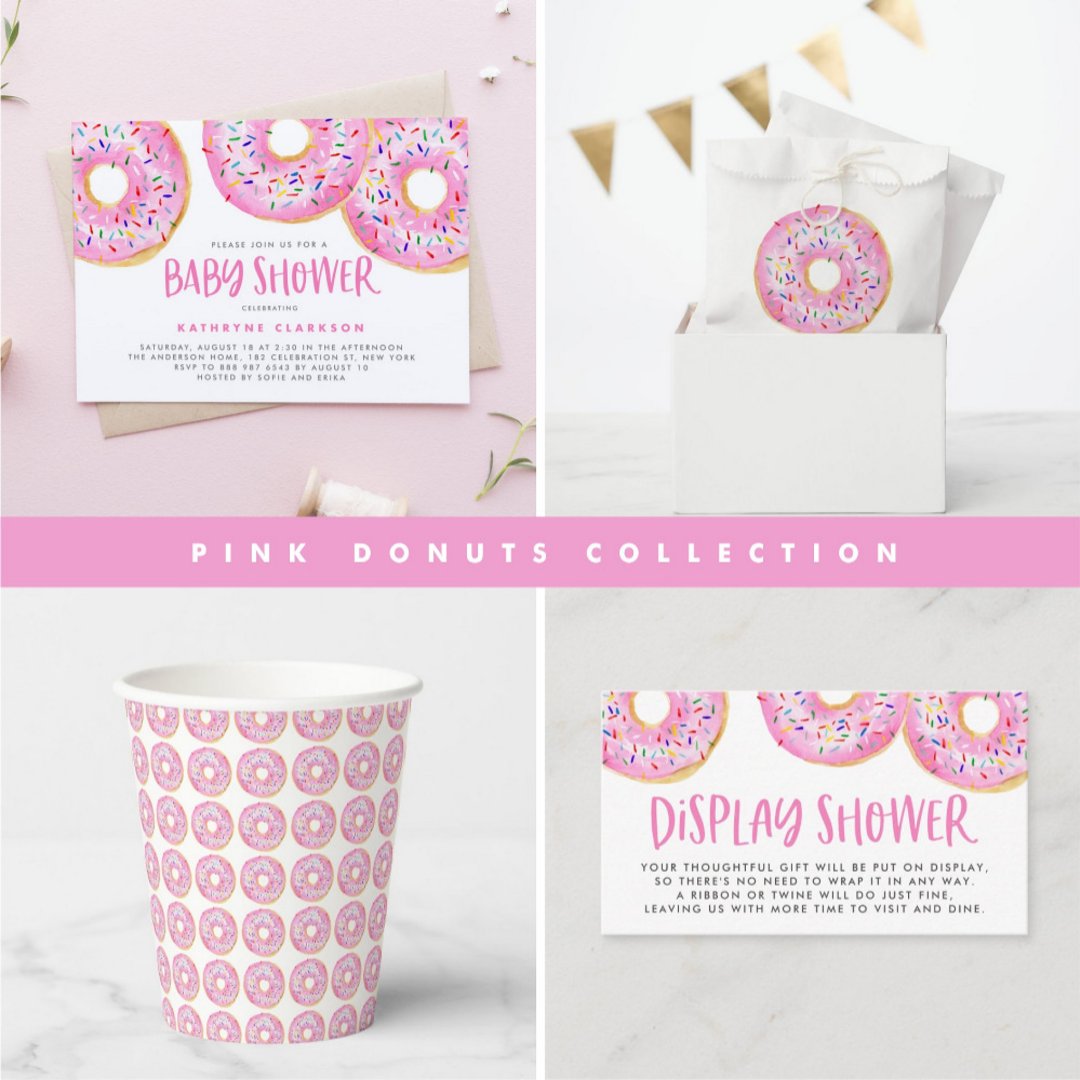 Watercolor Pink Sprinkle Donuts Baby Shower Invitation | Zazzle