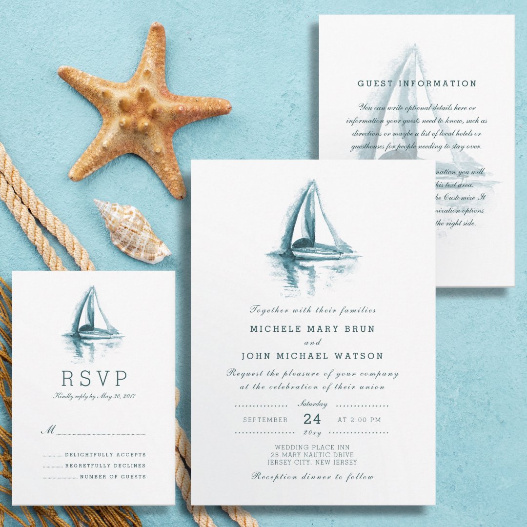 Watercolor Sailing Boat Wedding Invitation | Zazzle