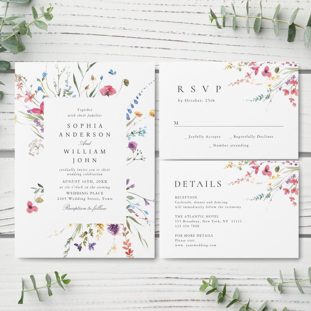 Elegant Watercolor Wild Flowers Wedding Invitation | Zazzle