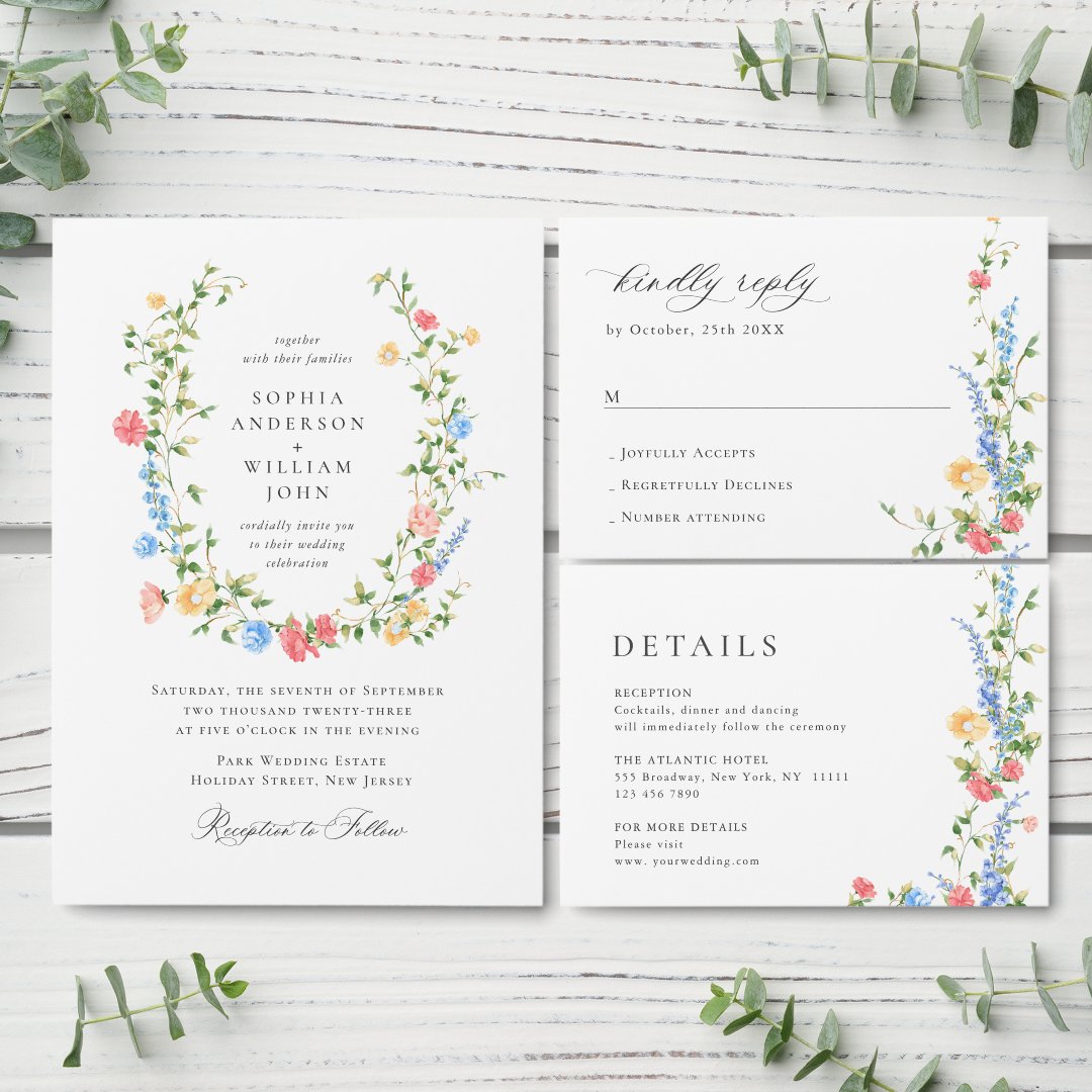 Elegant Watercolor Wild Flowers Floral Wedding Invitation | Zazzle