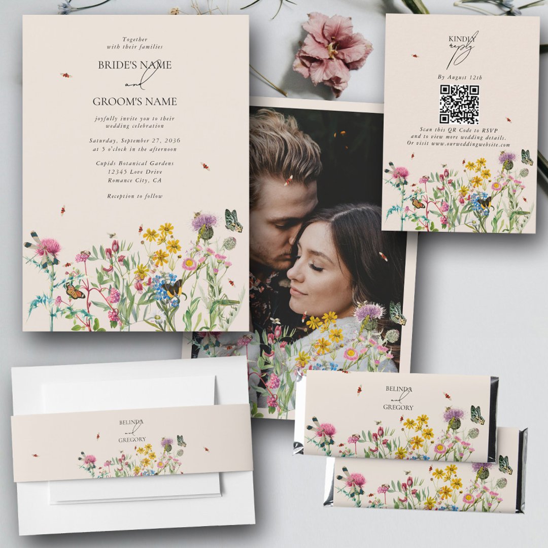 Watercolor Wildflower Garden & Insects Wedding Invitation | Zazzle
