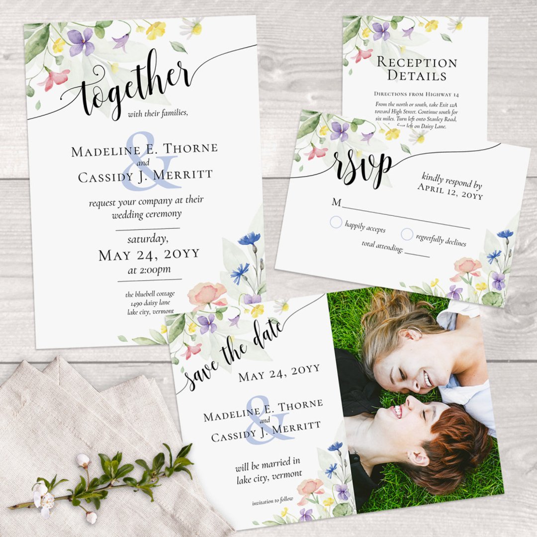 Simple Elegant Watercolor Wildflowers Boho Wedding Foil Invitation | Zazzle