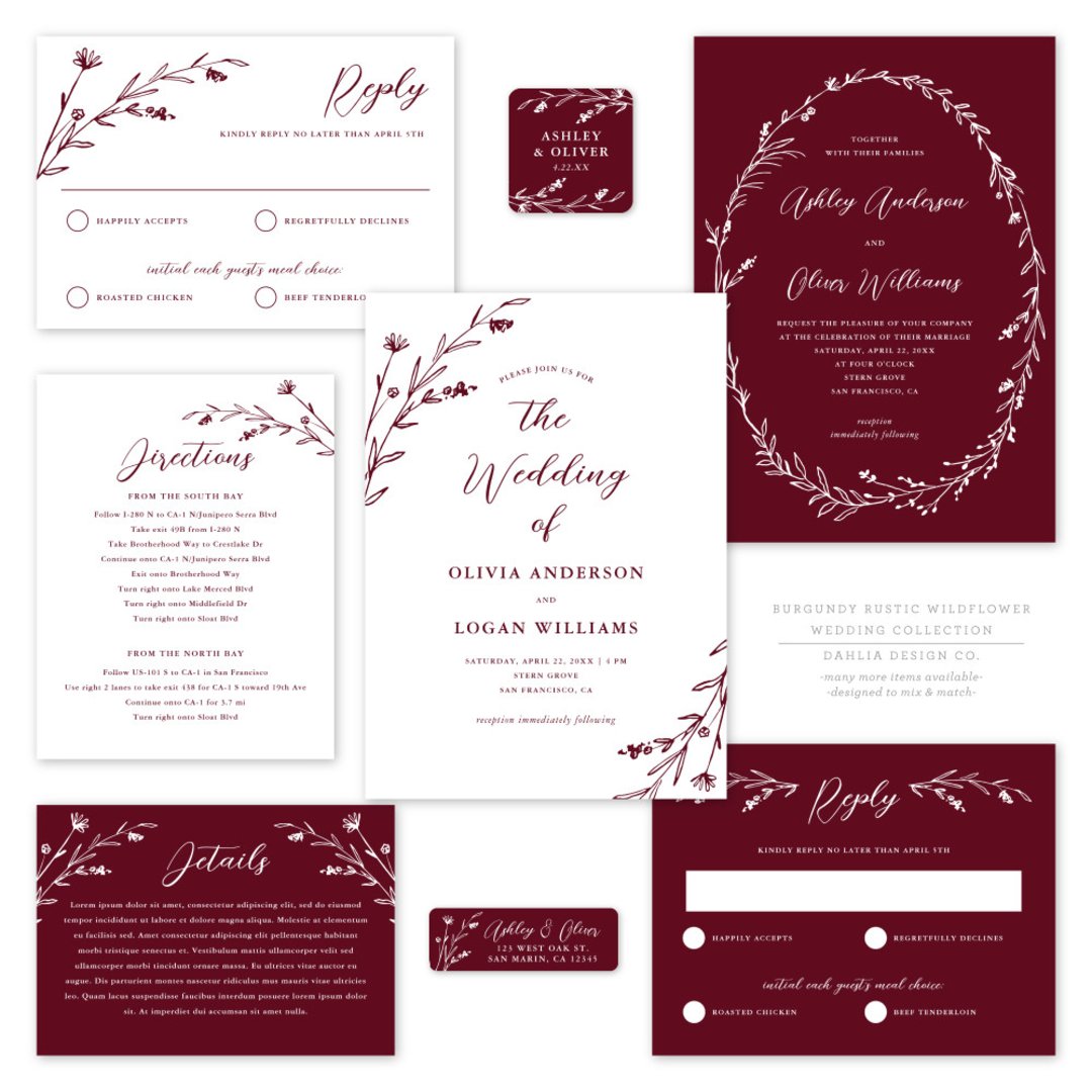Rustic Burgundy Wildflower Boho Wedding Invitation | Zazzle
