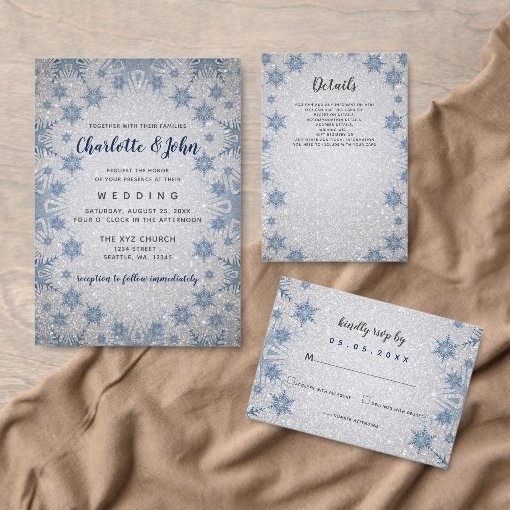 Glitter Blue Snowflake winter Wedding Details Card | Zazzle