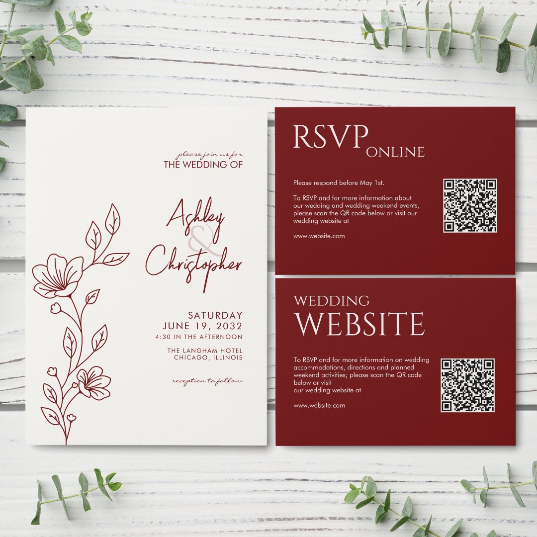 Minimal Crimson Red Foliage Outline Wedding Invitation | Zazzle
