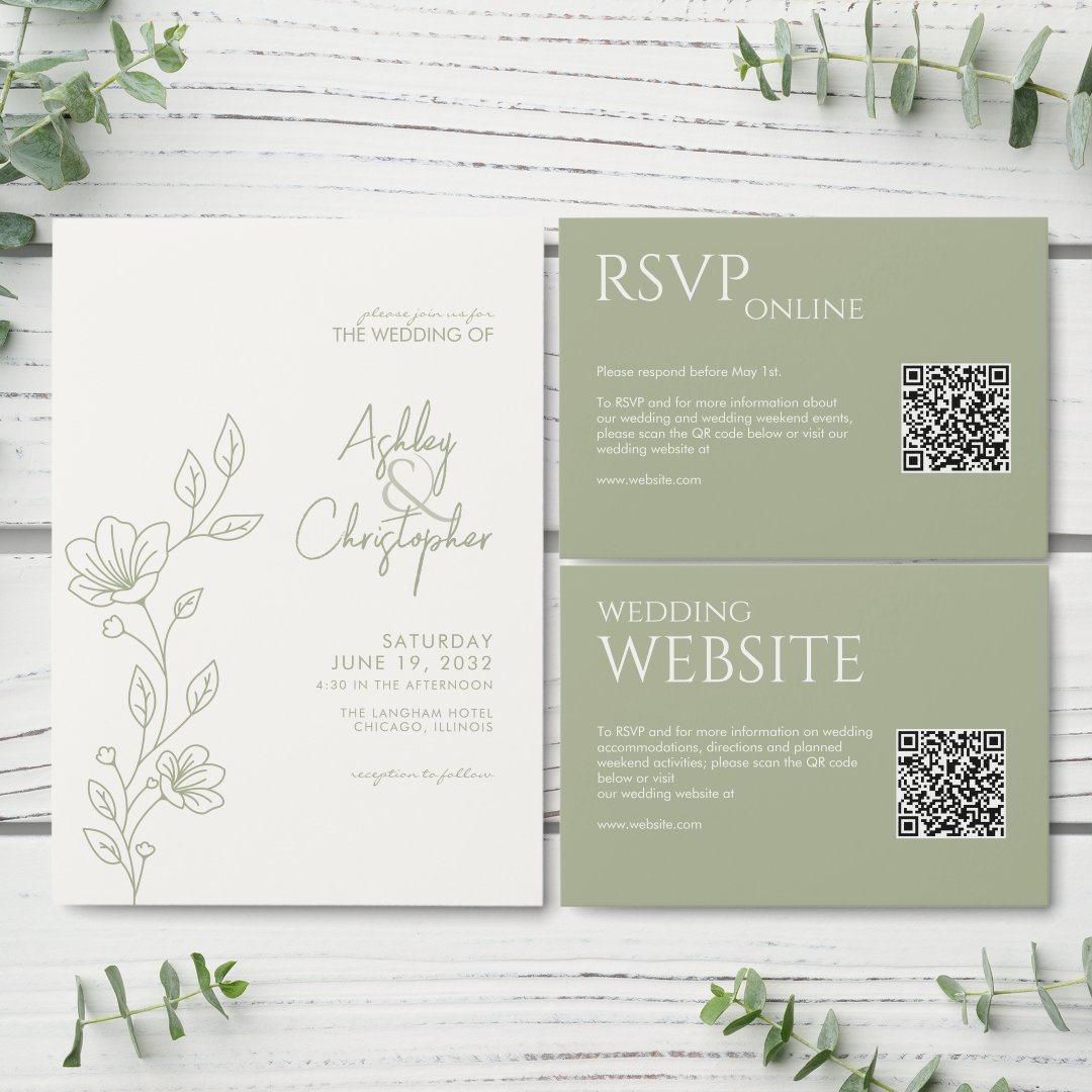 Modern Soft Sage Green Foliage Outline Wedding Invitation | Zazzle