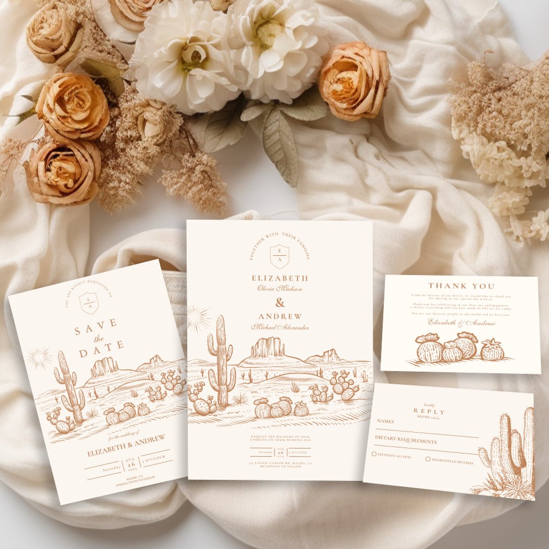 Western Boho Cactus Desert Landscape Wedding Invitation | Zazzle