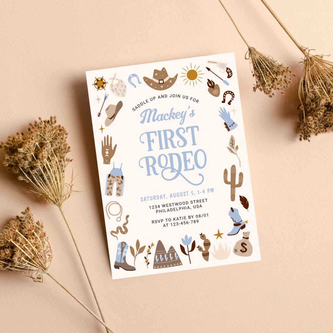 Western First Rodeo Wild West Cowboy Blue Birthday Invitation | Zazzle