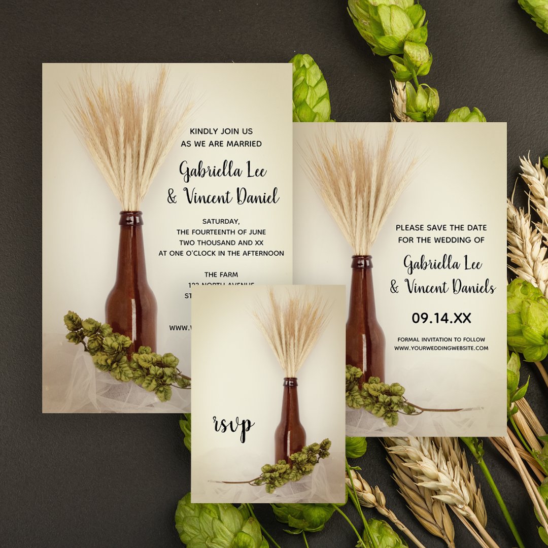 Dried Wheat and Hops Brewery Wedding Invitation | Zazzle