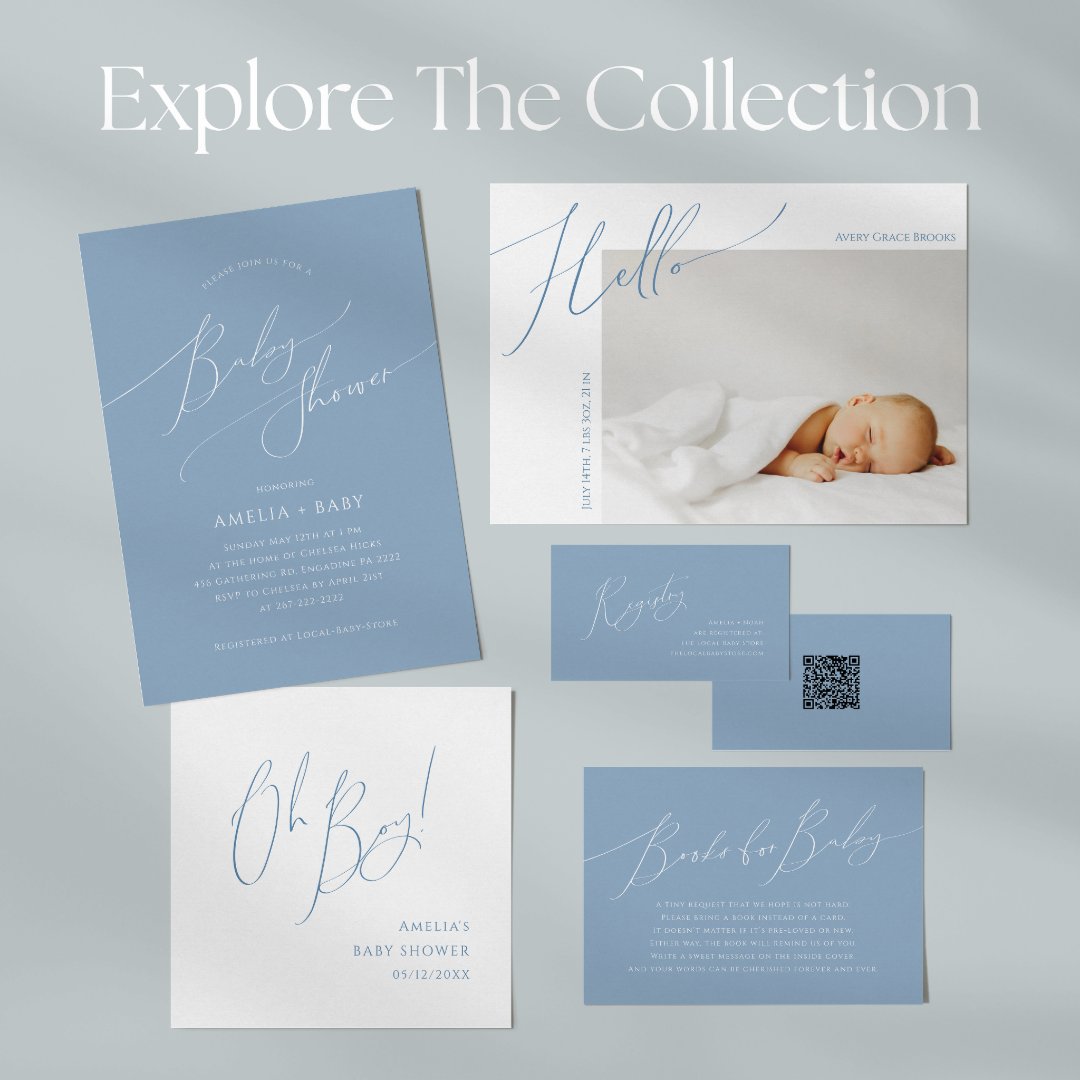 Whimsical Dusty Blue Hello Baby! Baby Shower Invitation | Zazzle