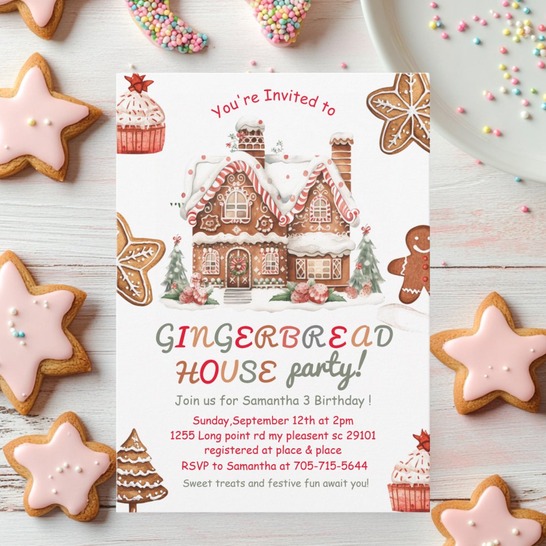 Colorful Gingerbread House Birthday Party Invitation | Zazzle