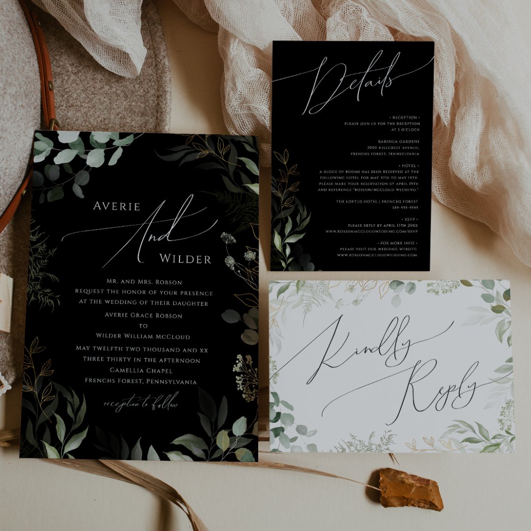 Whimsical Greenery and Gold | Black Wedding Menu Pedestal Sign | Zazzle