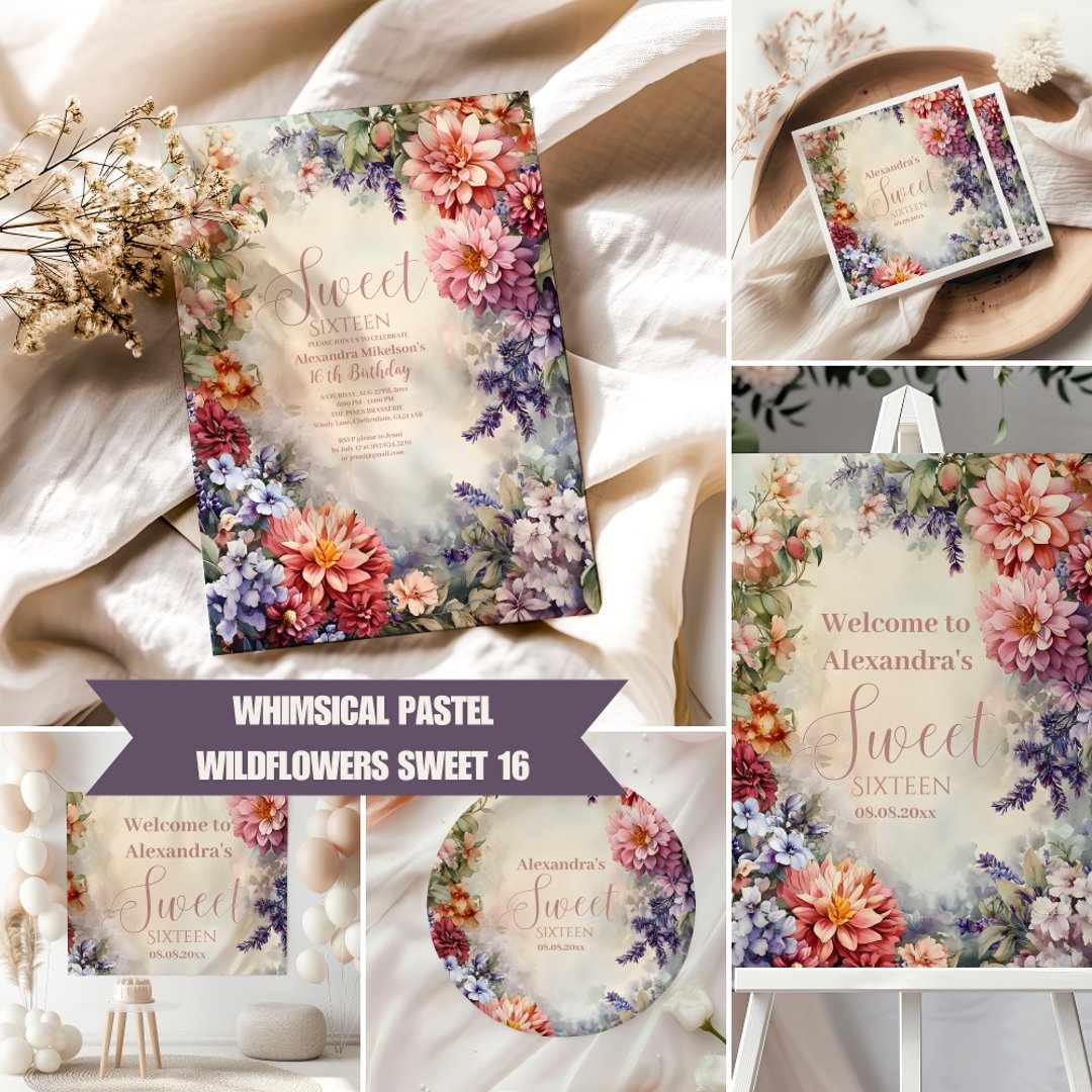 Whimsical Pastel Wildflowers Sweet 16 Invitation | Zazzle