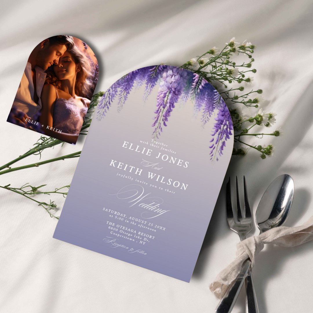 Whimsical Gradient Purple Floral Photo Wedding Invitation | Zazzle