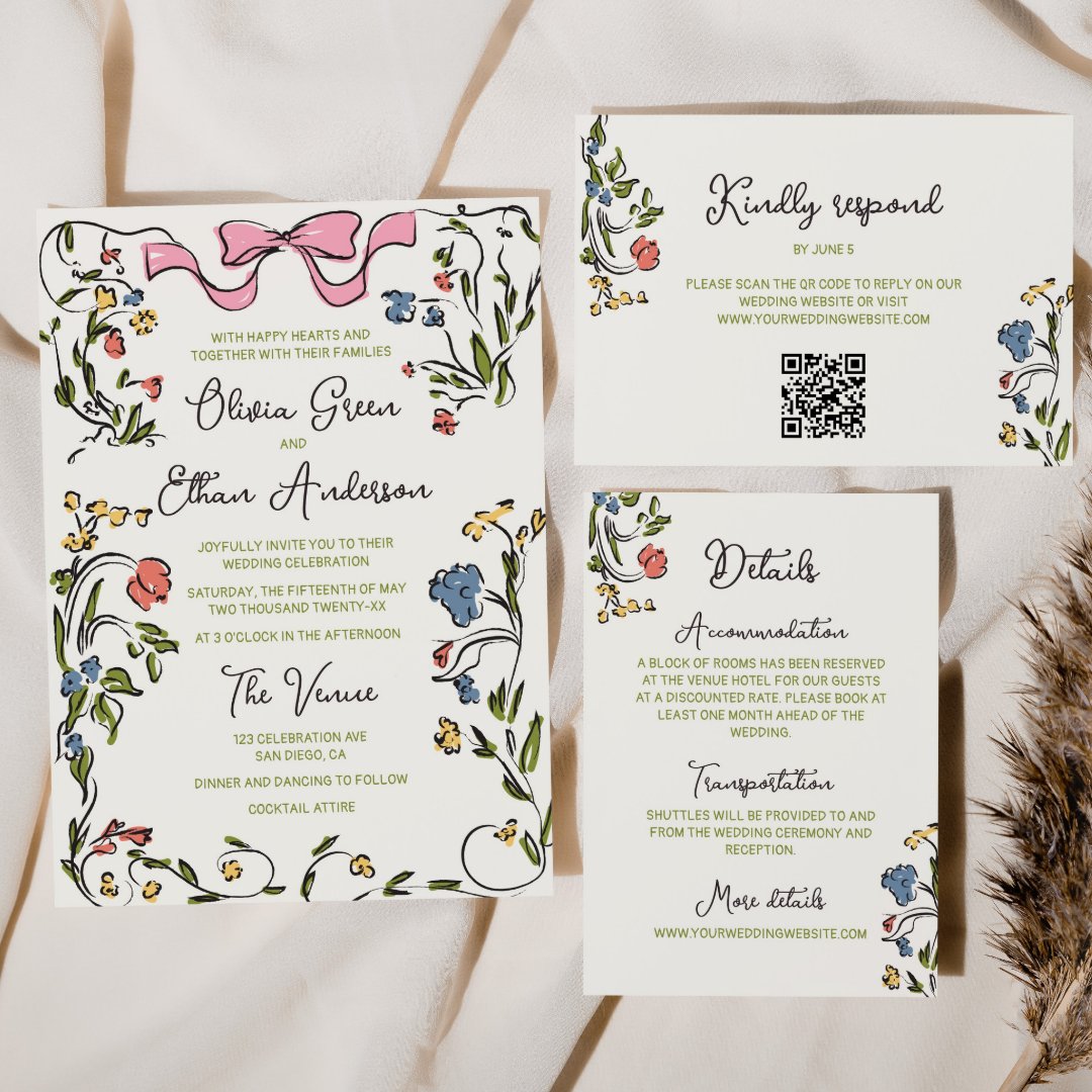 Hand Drawn Colorful Floral Frame Bow Wedding Invitation | Zazzle