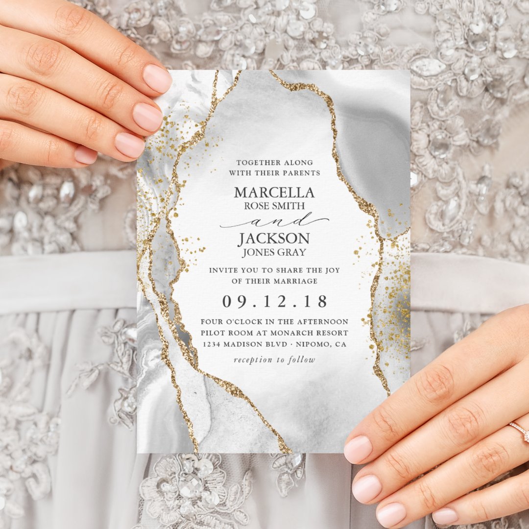 White, Gold & Grey Mist Agate Wedding Invitation | Zazzle