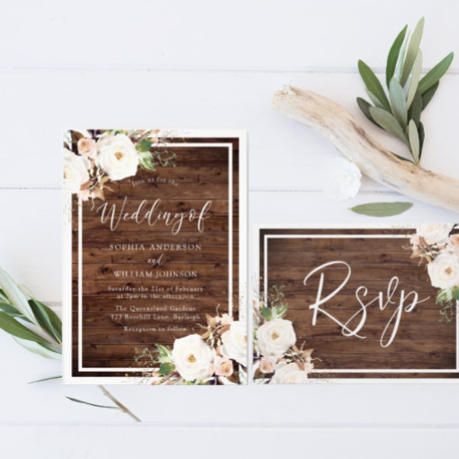White & Blush Flowers Rustic Wood Wedding Invitation | Zazzle