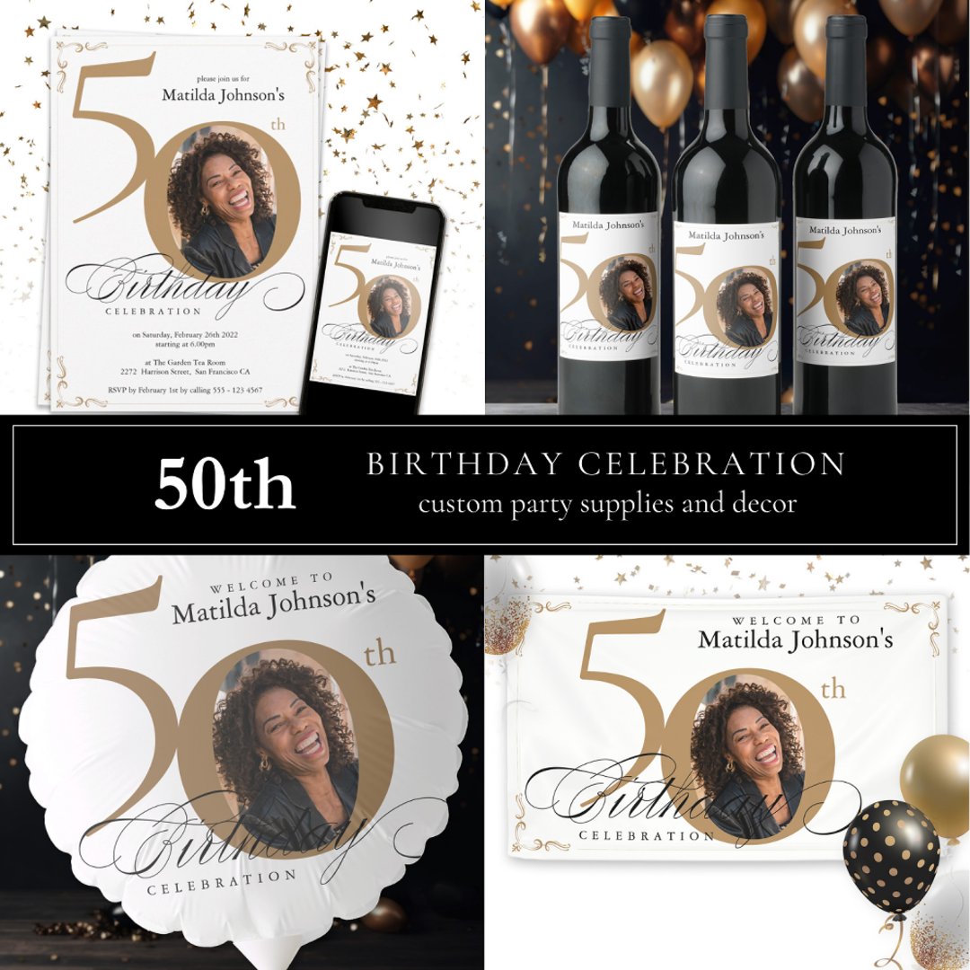 Custom Photo Elegant Gold 50th Birthday Party Wine Label | Zazzle