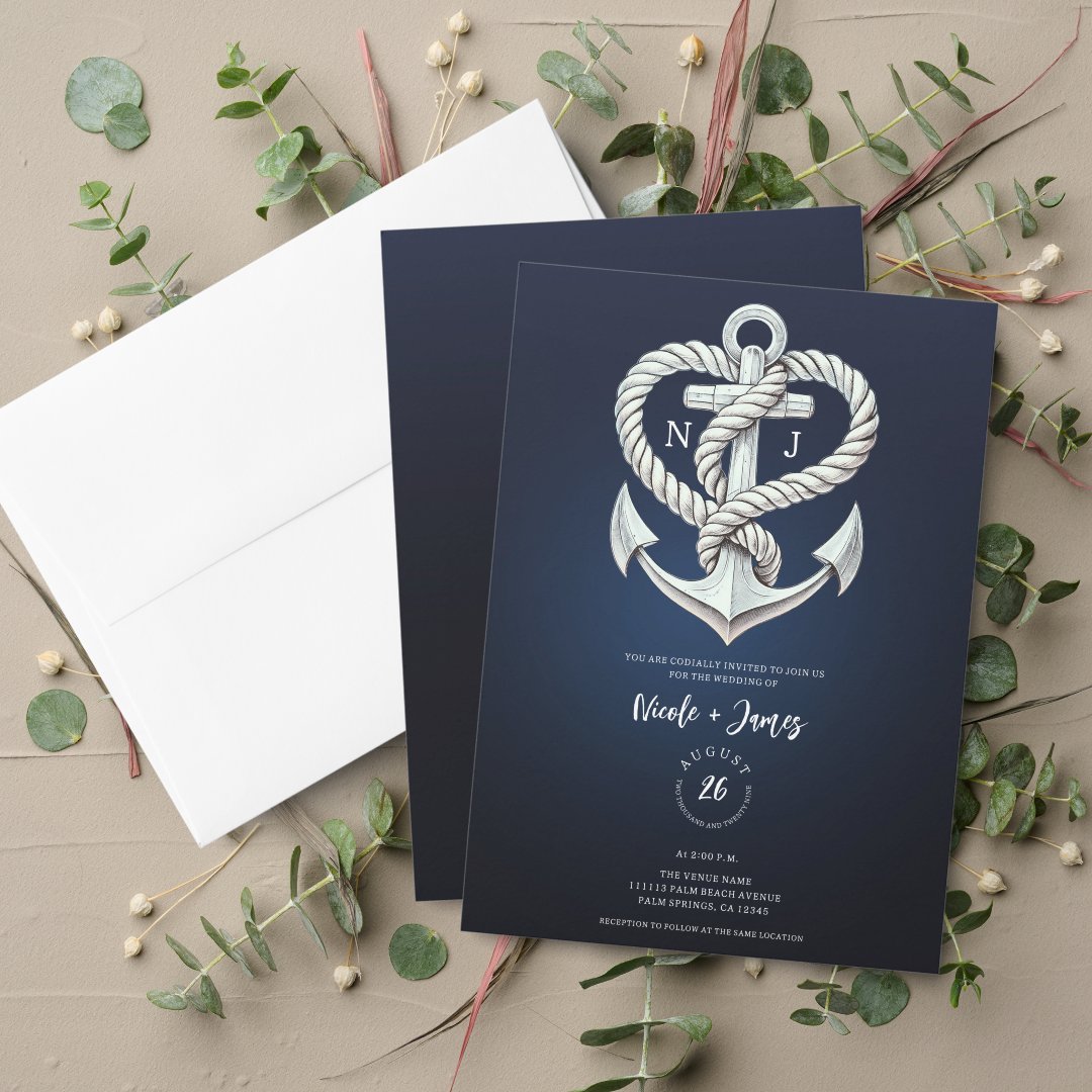 Nautical Heart Rope Anchor Coastal Wedding Invitation | Zazzle