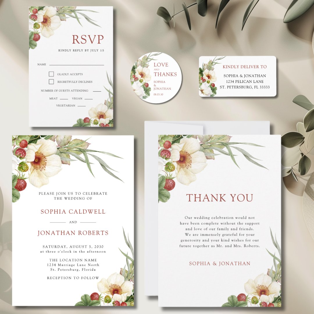White Rose and Wild Strawberry Wedding Invitation | Zazzle
