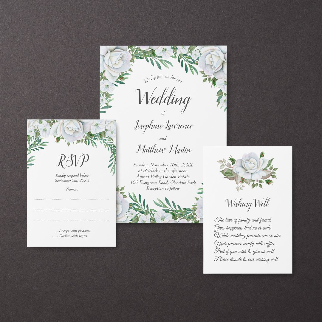 White Roses Floral Greenery Wedding Invitations | Zazzle
