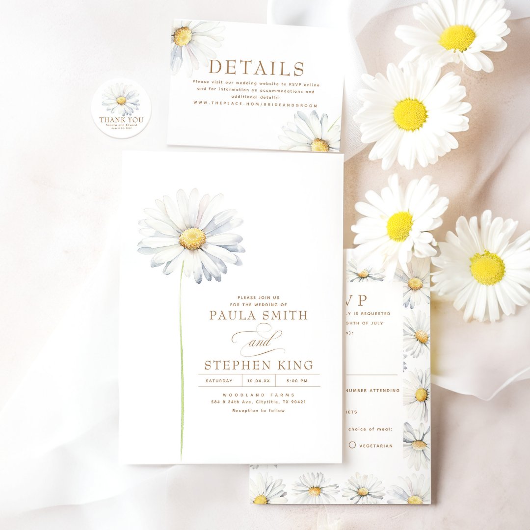 Elegant White Daisy Flower Minimalist Wedding Invitation | Zazzle
