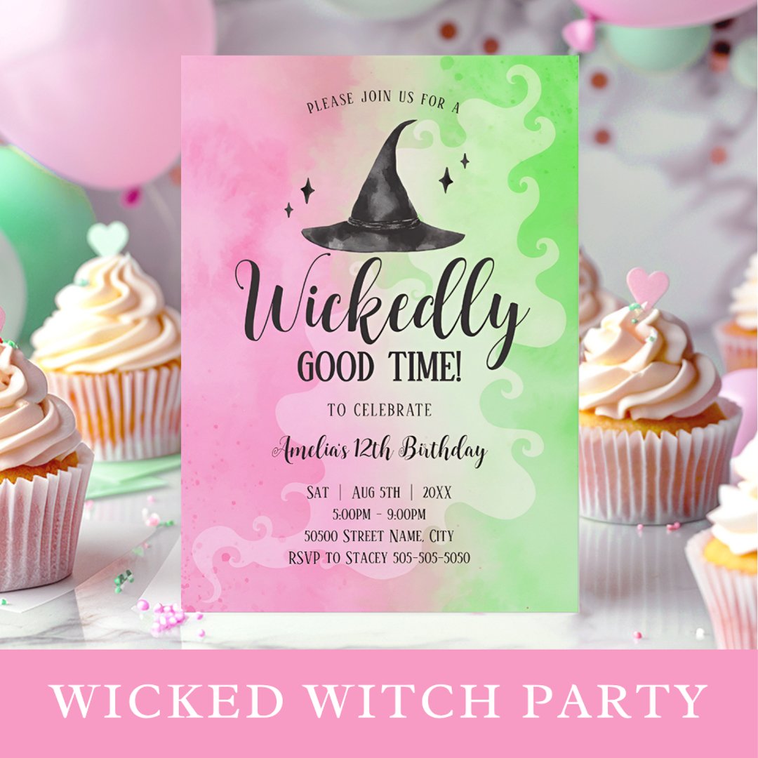 Wicked Good Time Birthday, Pink Green Witch Hat Invitation | Zazzle