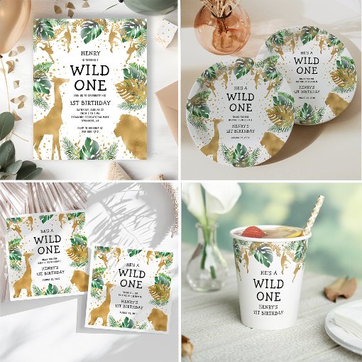 Wild One Safari 1st Birthday Party Green Gold Ecru Classic Round ...