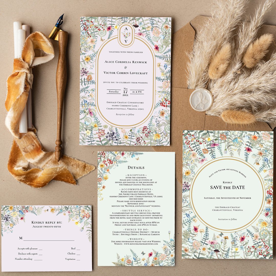 Vintage Wildflower Fern Mint Green Wedding Invitation | Zazzle