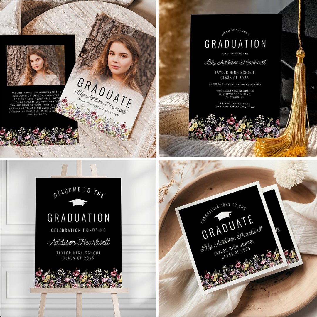 Boho Wildflower Pattern Black Graduation Party Invitation | Zazzle